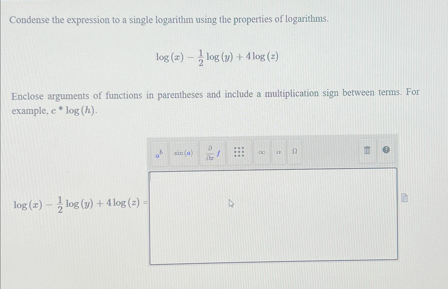 Solved Condense the expression to a single logarithm using | Chegg.com