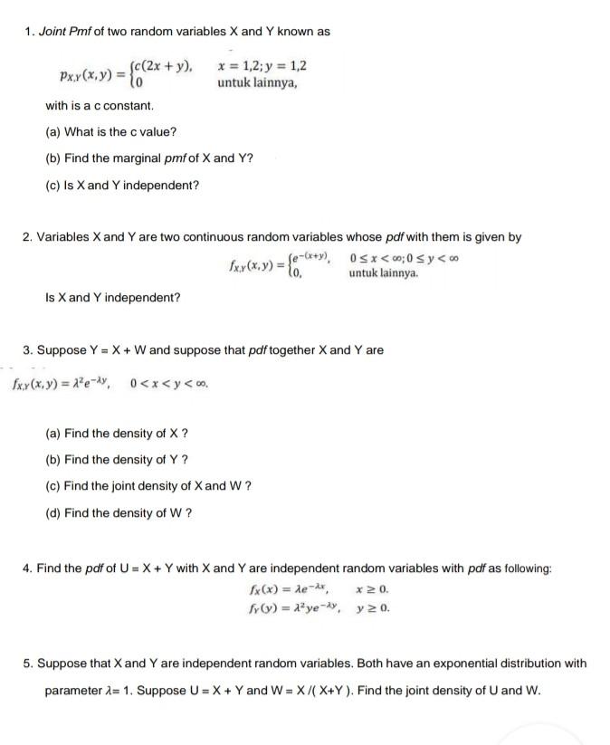 Solved 1. Joint Pmf of two random variables X and Y known as | Chegg.com