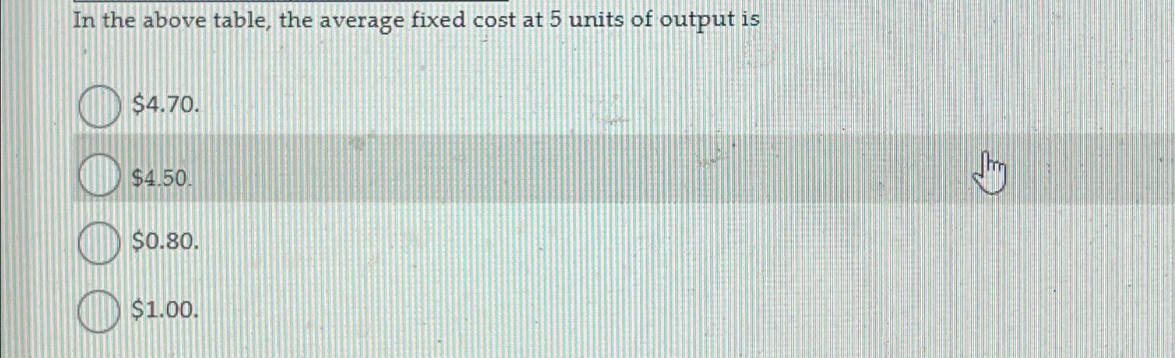 Solved In the above table, the average fixed cost at 5 | Chegg.com