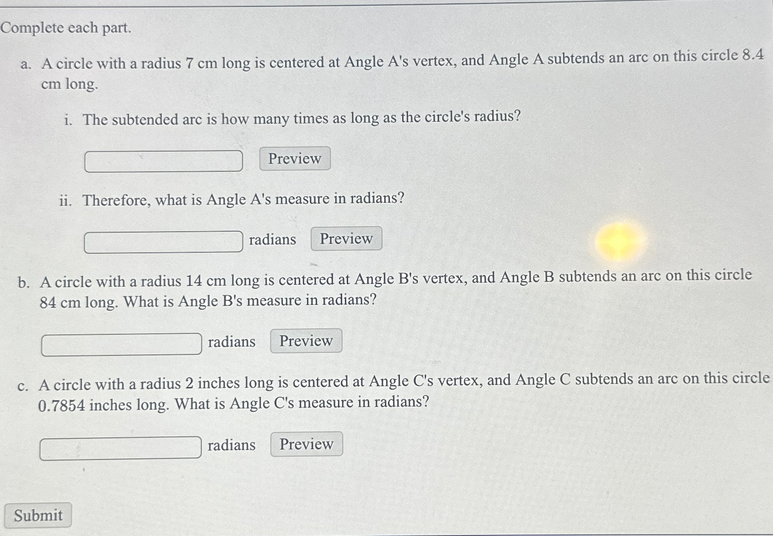 Solved Complete each part.a. ﻿A circle with a radius 7cm | Chegg.com