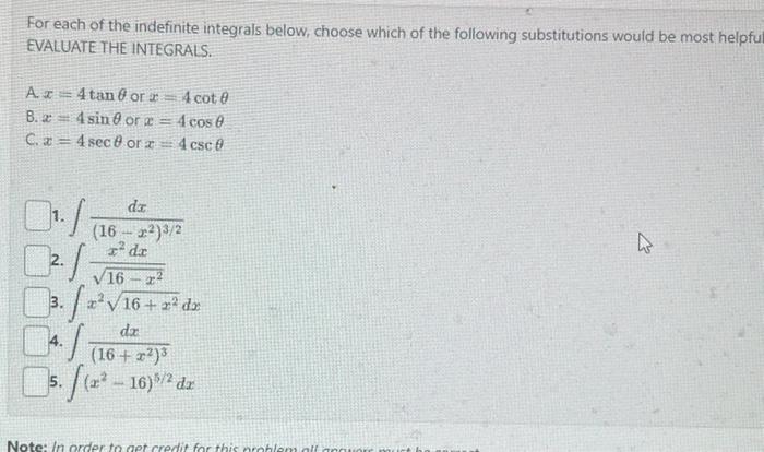 Solved For each of the indefinite integrals below, choose | Chegg.com
