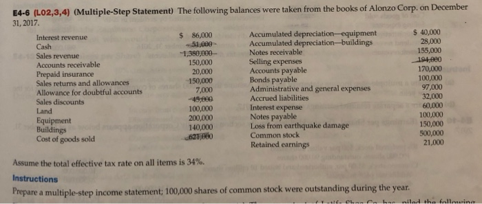 Solved E4-6 (L02,3,4) (Multiple-Step Statement) The | Chegg.com