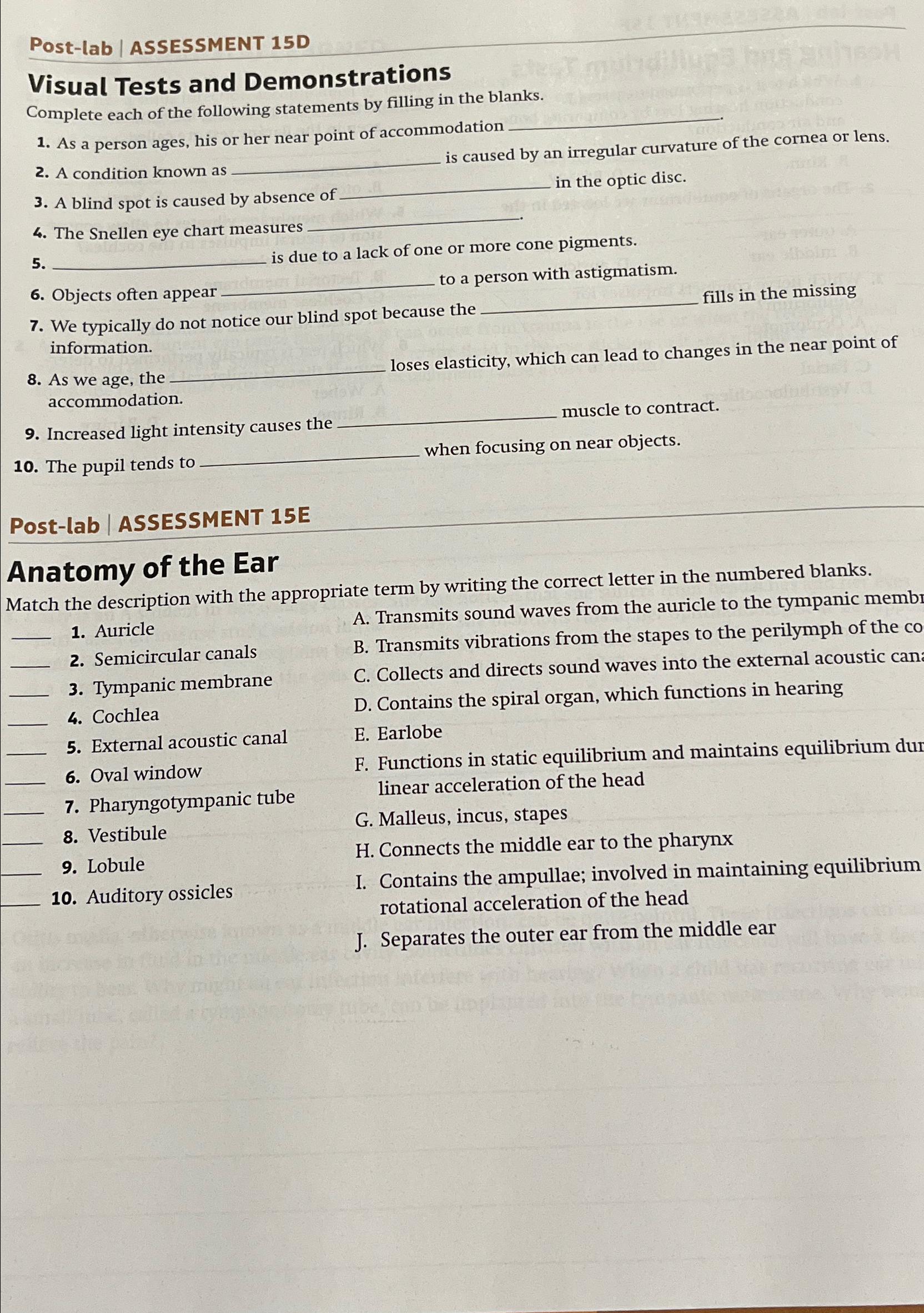 Solved Post-lab | ﻿ASSESSMENT 15DVisual Tests and | Chegg.com