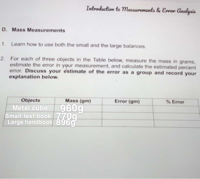 Solved Introduction to Measurements & Error Analysis D. Mass | Chegg.com