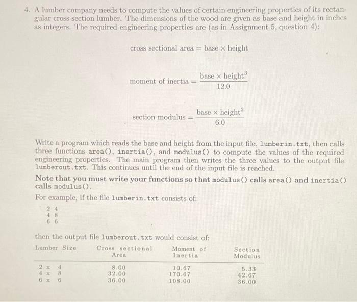 Solved 4. A lumber company needs to compute the values of | Chegg.com