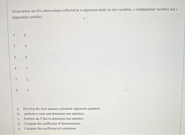 Solved Given below are five observations collected in a | Chegg.com