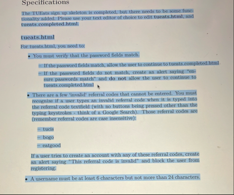 Solved SpecificationsThe TUEats sign up skeleton is | Chegg.com