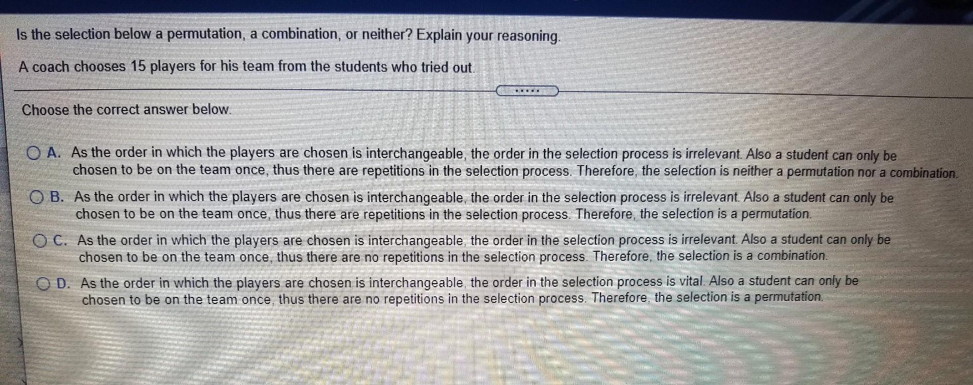 Solved Is the selection below a permutation, a combination, | Chegg.com