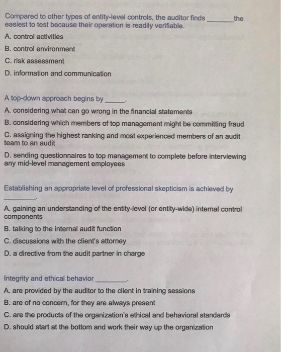 Solved Compared to other types of entity-level controls, the | Chegg.com