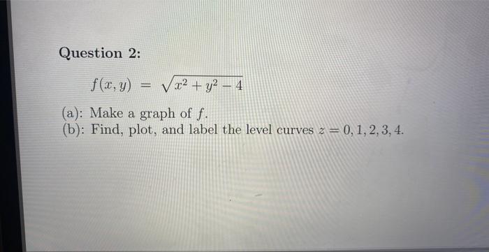 Solved Question 2: f(x,y)=x2+y2−4 (a): Make a graph of f. | Chegg.com