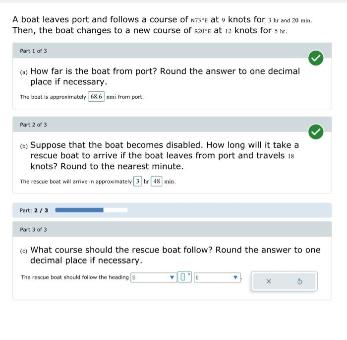Solved Then, the boat changes to a new course of s20∘E at 12 | Chegg.com