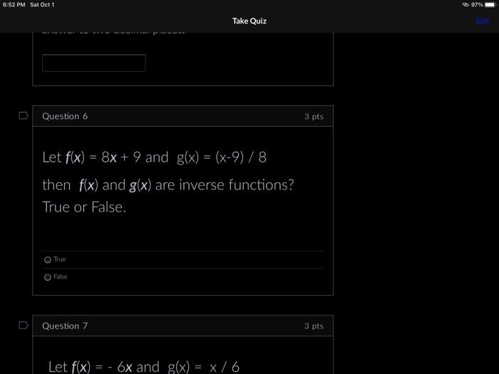 Solved Let f(x)=8x+9 and g(x)=(x−9)/8 then f(x) and g(x) are | Chegg.com Solved Let f(x)=8x+9 and g(x)=(x−9)/8 then f(x) and g(x) are | Chegg.com
