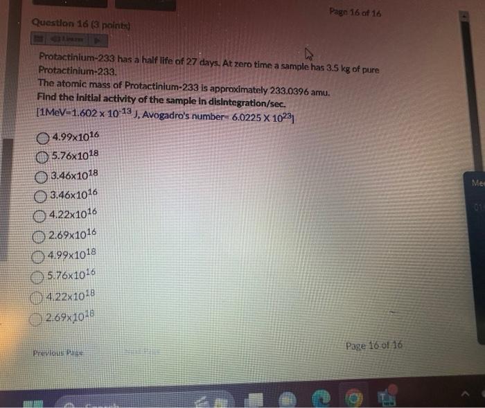 Solved Protactinium-233 has a half life of 27 days. At zero | Chegg.com