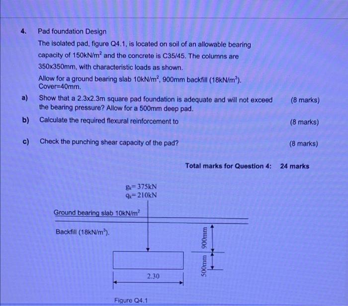 Solved 4. Pad foundation Design The isolated pad, figure | Chegg.com