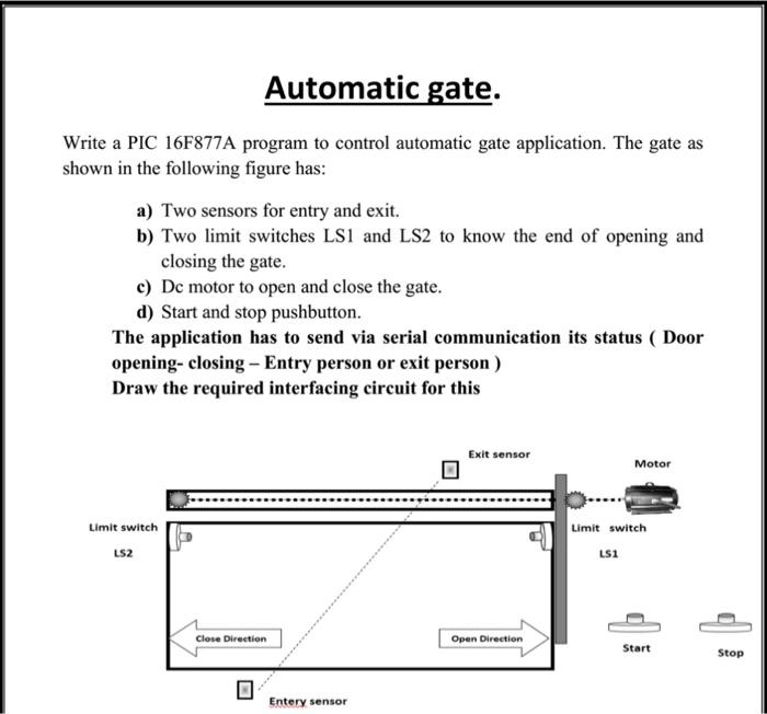 Solved Automatic gate. Write a PIC 16F877A program to | Chegg.com
