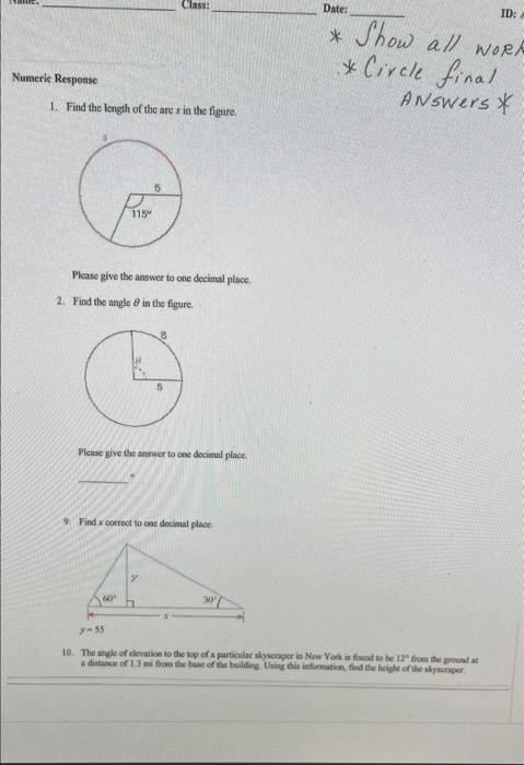 Solved Class: Date: ID: * Show all work * Circle final | Chegg.com