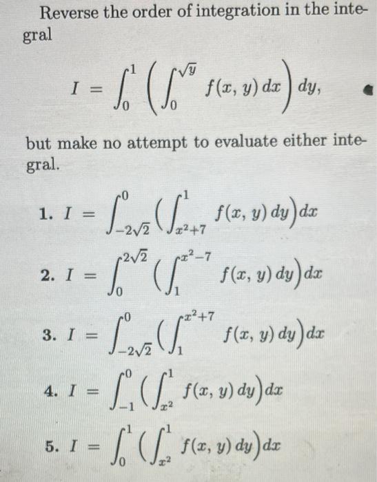 Solved Reverse the order of integration in the integral | Chegg.com