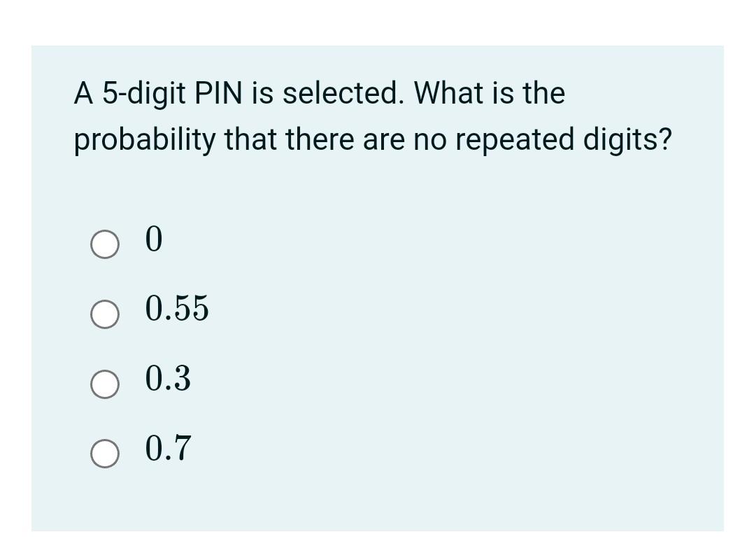 Solved A 5-digit PIN is selected. What is the probability | Chegg.com