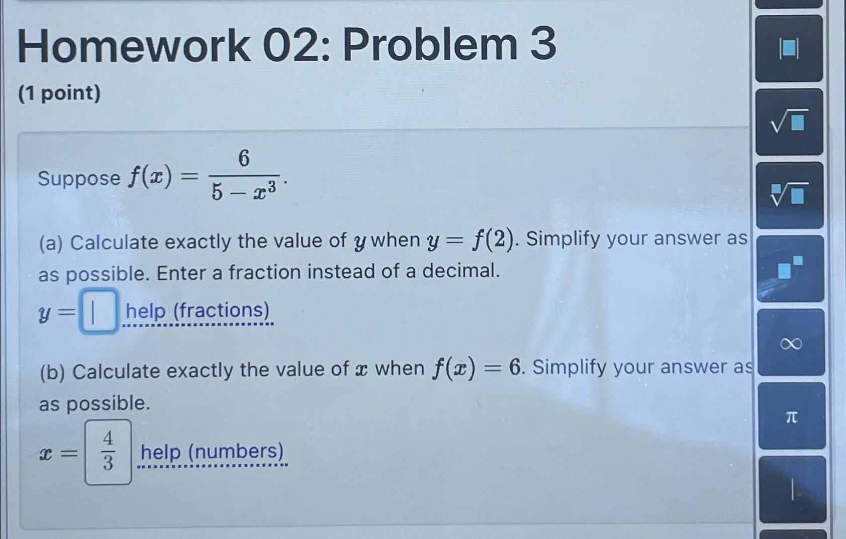 Solved Homework 02: Problem 3(1 ﻿point)Suppose f(x)=65-x3(a) | Chegg.com