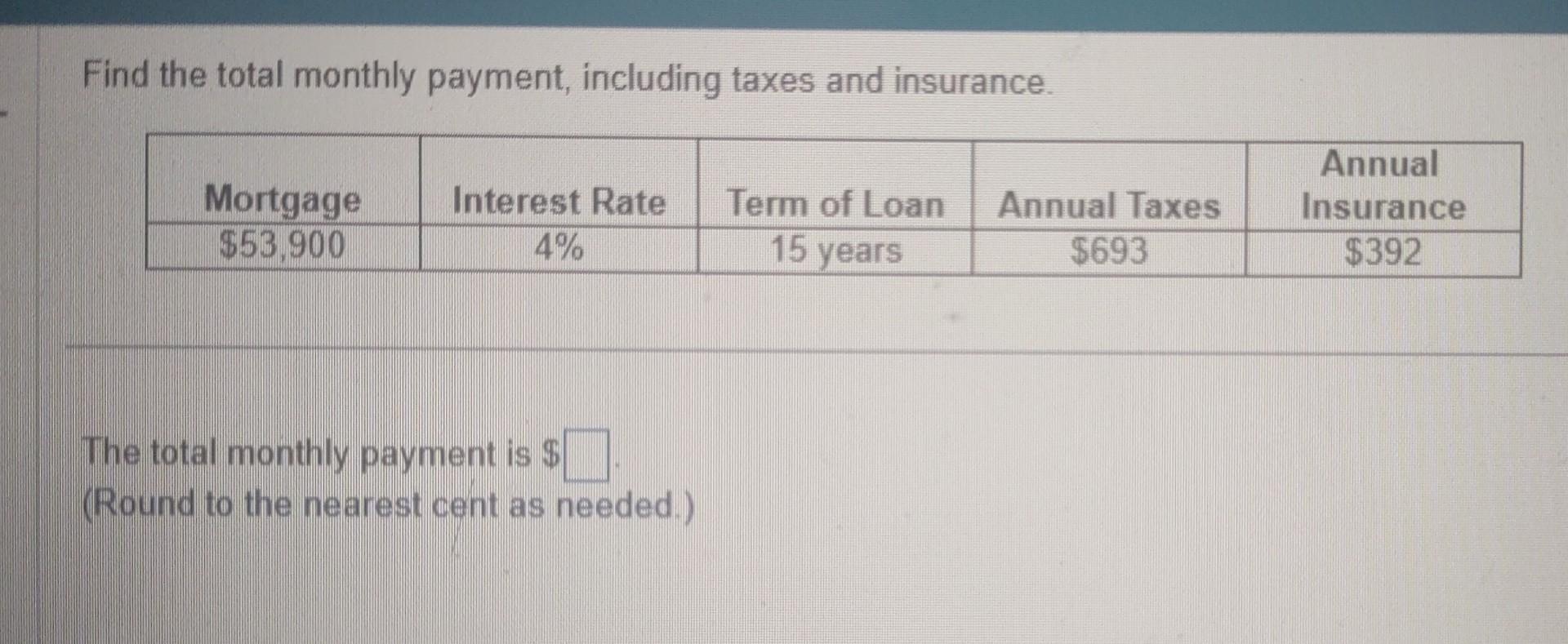 Solved Find the total monthly payment, including taxes and | Chegg.com