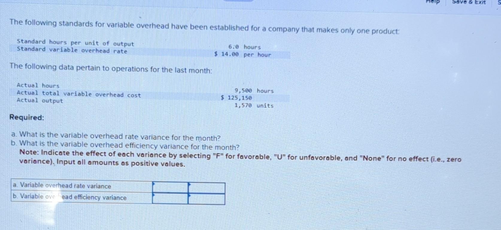 Solved The following standards for variable overhead have | Chegg.com