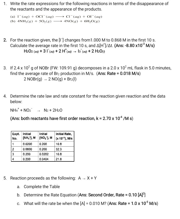 Solved 1. Write the rate expressions for the following | Chegg.com