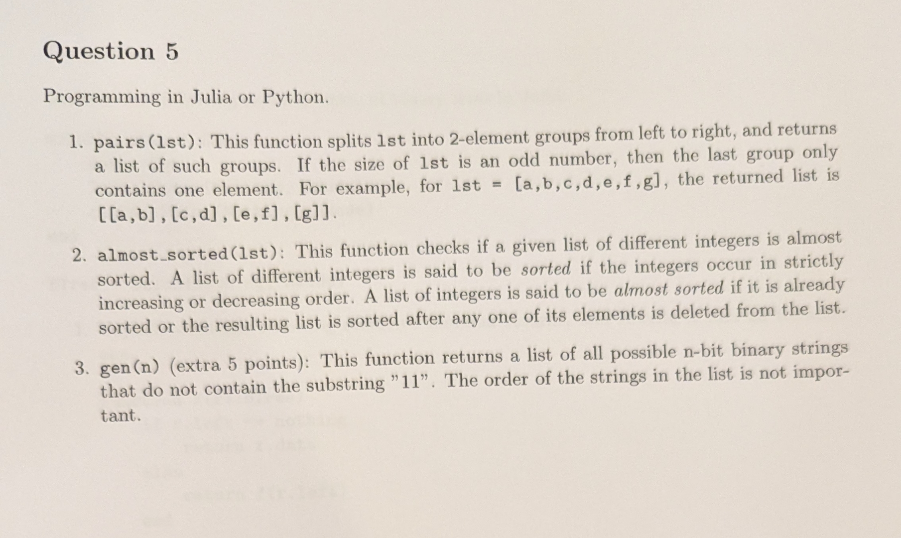 Solved Question 5Programming in Julia or Python.pairs(lst): | Chegg.com