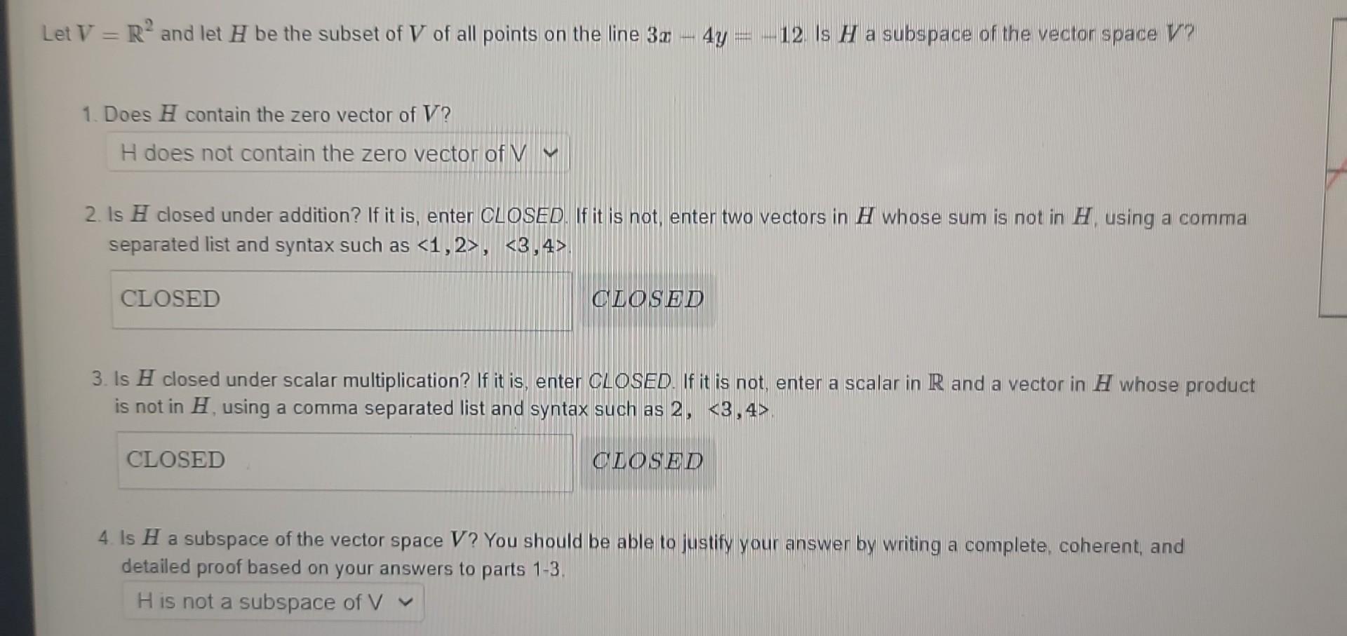 Solved et V=R2 and let H be the subset of V of all points on | Chegg.com