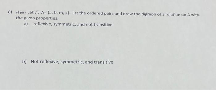 Solved (6 pts) Let f:A={a,b,m,k}. List the ordered pairs and | Chegg.com