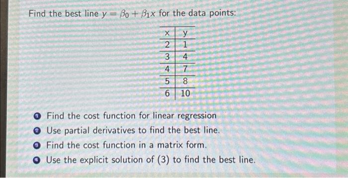 Solved Find the best line y = Bo + B1x for the data points: | Chegg.com