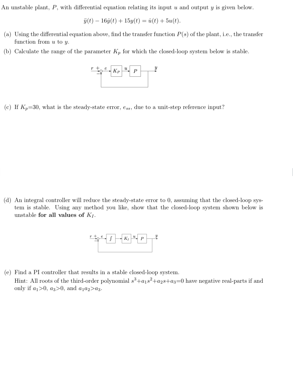 Solved An unstable plant, P, ﻿with differential equation | Chegg.com