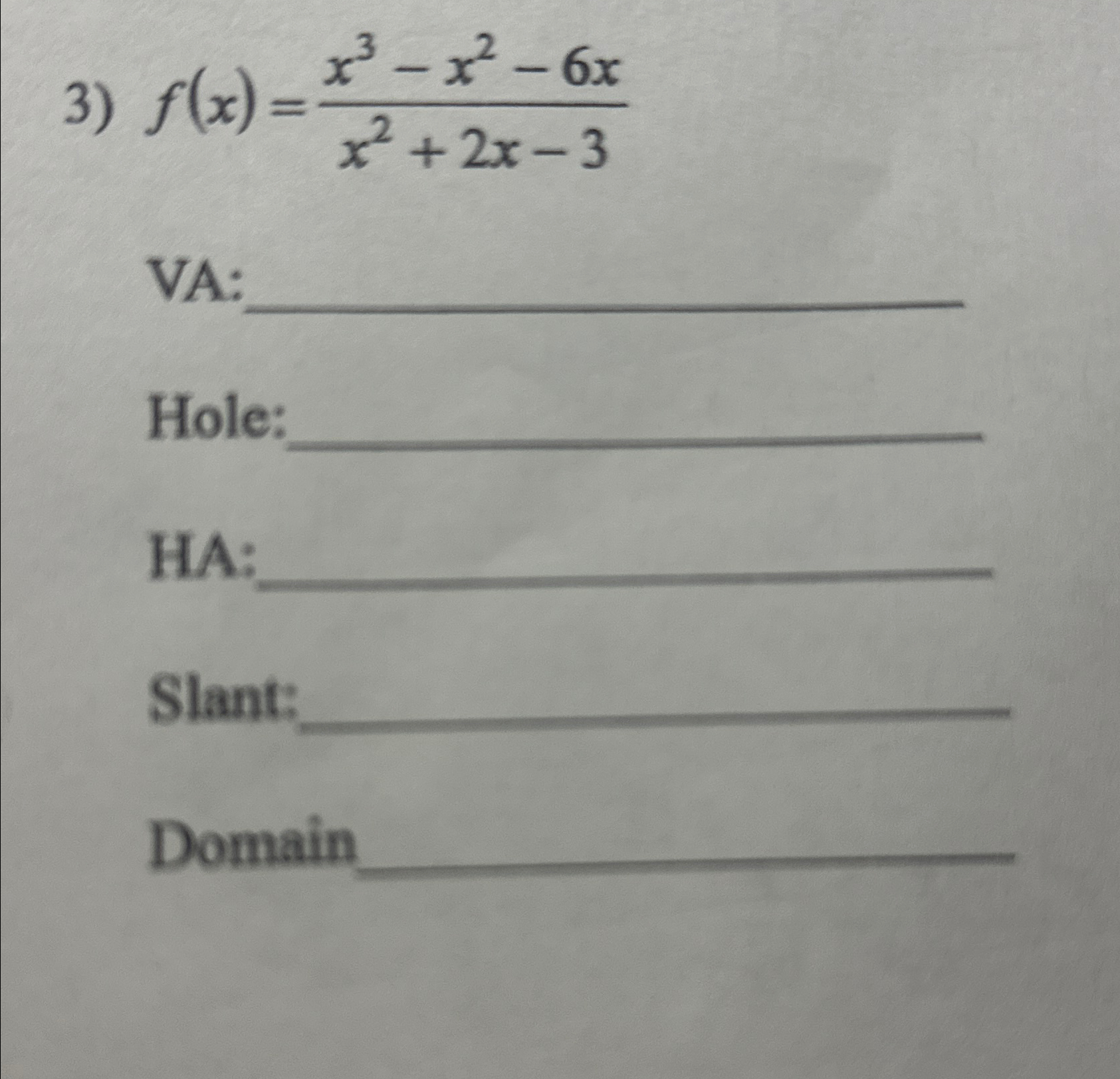 Solved f(x)=x3-x2-6xx2+2x-3VA:HolHA:Slant:Domain | Chegg.com
