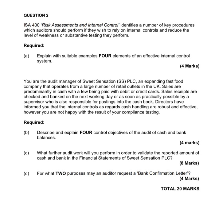 Solved QUESTION 2 ISA 400 'Risk Assessments and Internal | Chegg.com