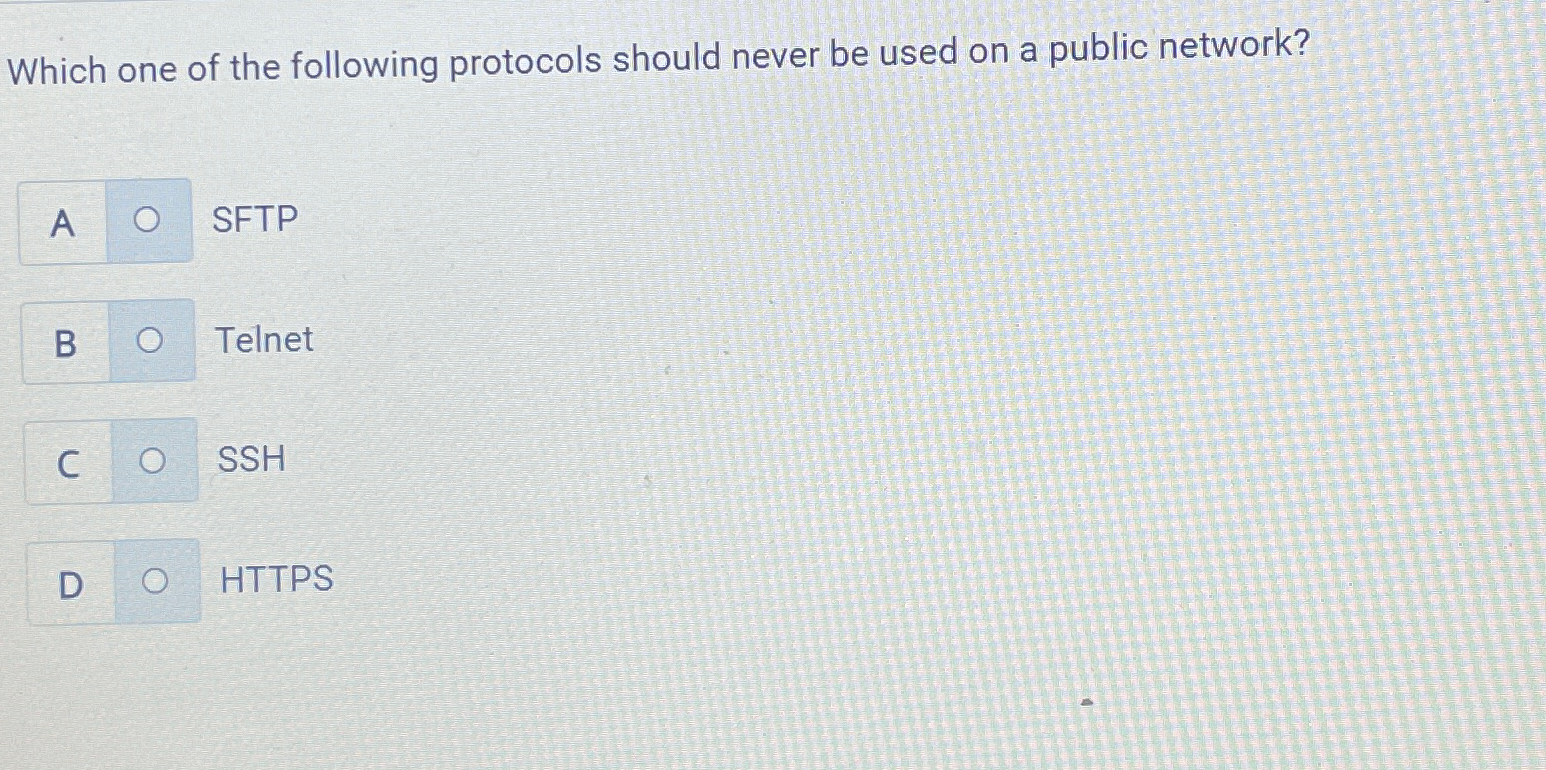 Solved Which one of the following protocols should never be | Chegg.com