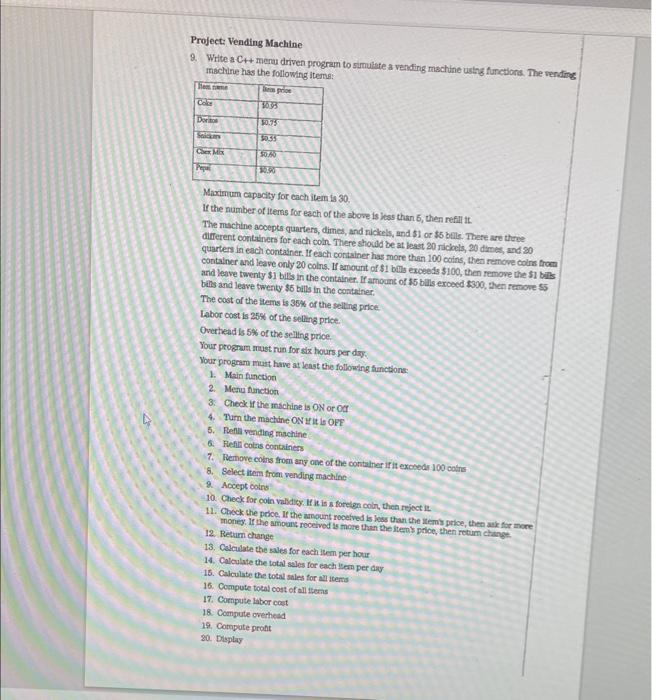 Solved Write A C Menu Driven Program To Simulate A Vending 7411