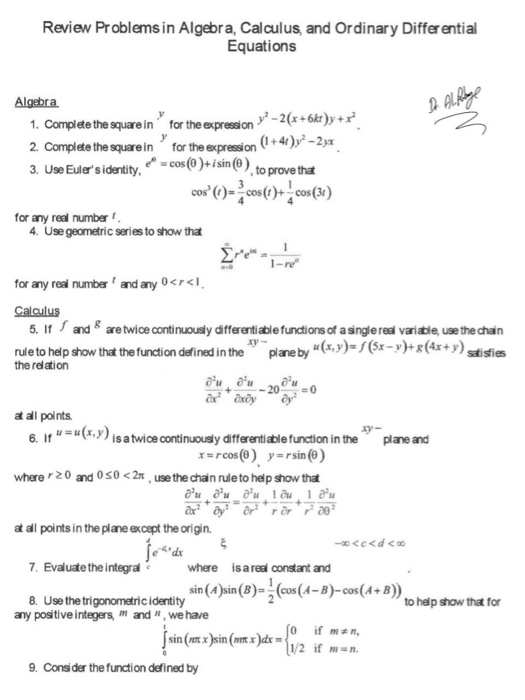 Solved Review Problems in Algebra, Calculus, and Ordinary | Chegg.com