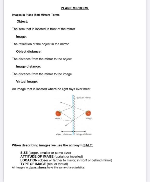 Solved PLANE MIRRORS Images in Plane (flat) Mirrors Terms | Chegg.com