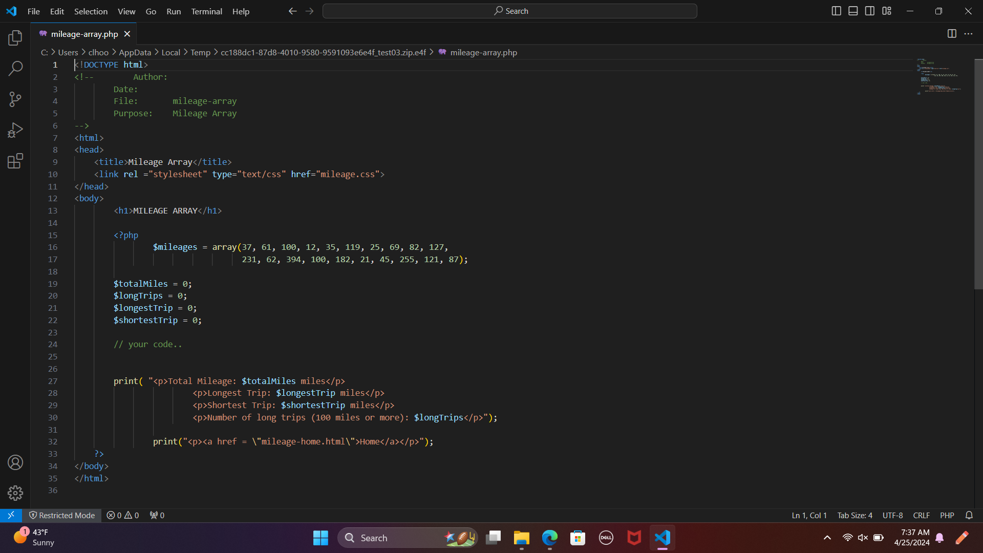 Solved . ﻿Open mileage-array.php and you will see that the | Chegg.com