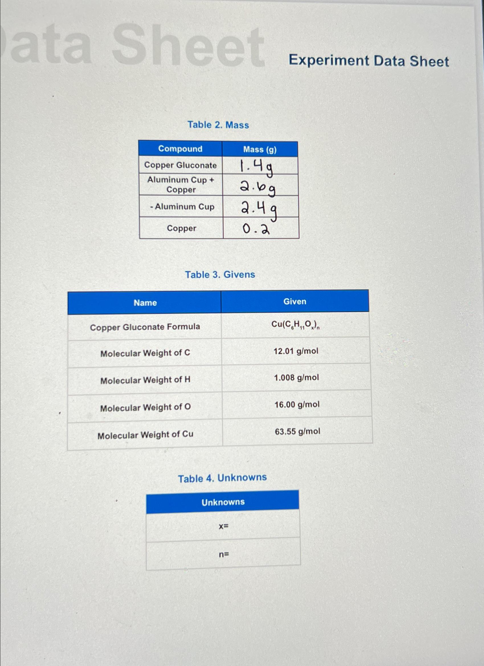 Solved Experiment Data SheetTable 2. | Chegg.com
