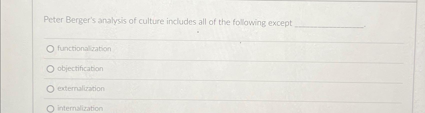 Solved Peter Berger's analysis of culture includes all of | Chegg.com