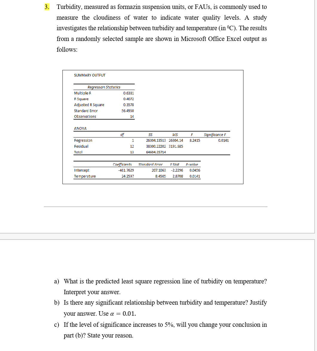 Solved 3. Turbidity, measured as formazin suspension units, | Chegg.com