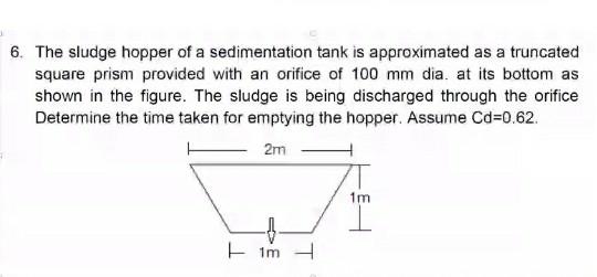 Solved 6. The sludge hopper of a sedimentation tank is | Chegg.com