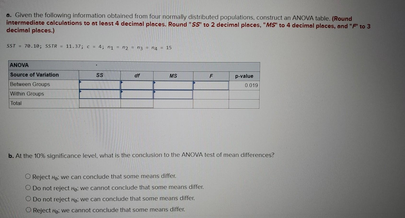 Solved a. Given the following information obtained from four | Chegg.com