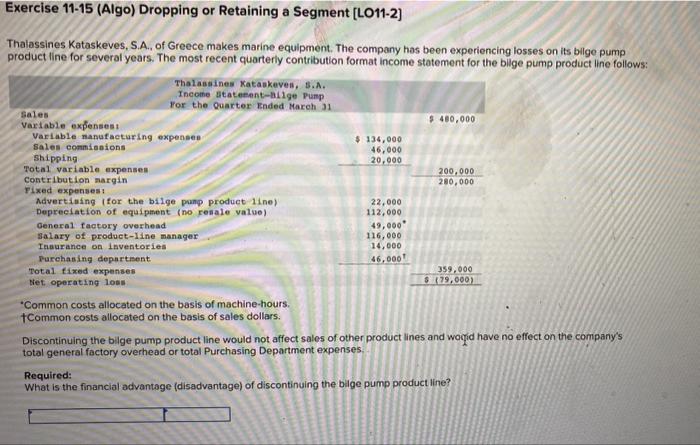 Solved Exercise 11-15 (Algo) Dropping or Retaining a Segment | Chegg.com