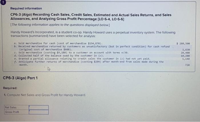 Solved Required information CP6-3 (Algo) Recording Cash | Chegg.com