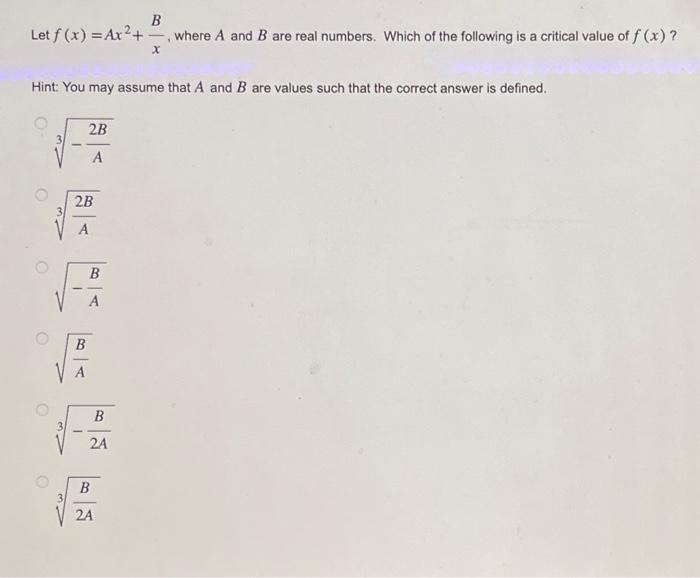 Solved B Let f(x) = Ax² +- 2B A 2B A B Hint: You may assume | Chegg.com