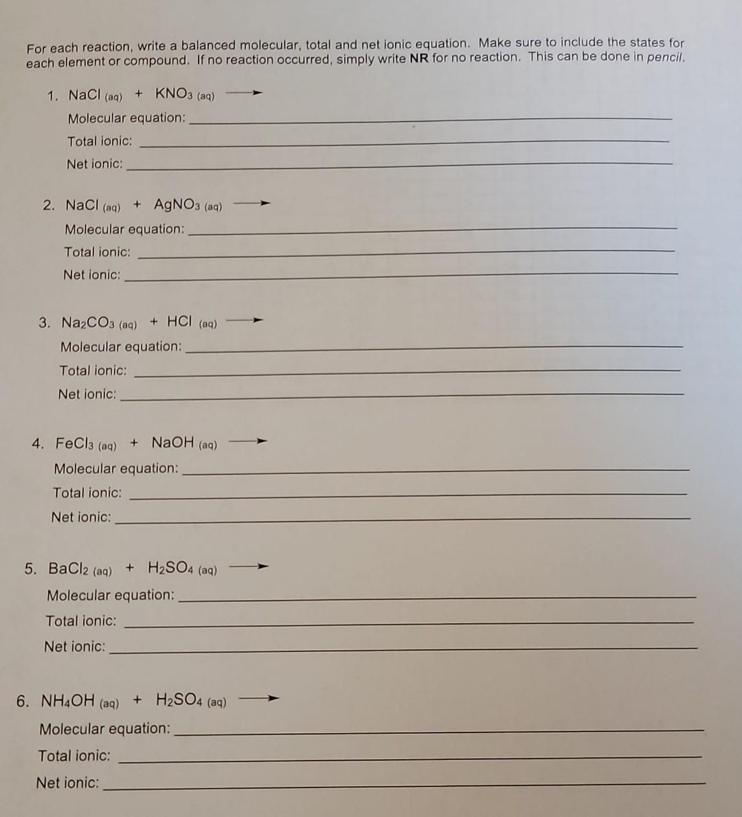 Solved For Each Reaction Write A Balanced Molecular Total