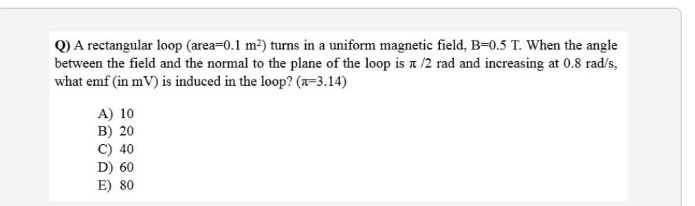 Solved Q) A rectangular loop (area =0.1 m2 ) turns in a | Chegg.com
