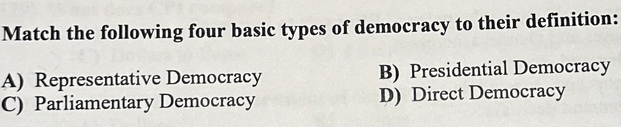 Solved Match the following four basic types of democracy to | Chegg.com