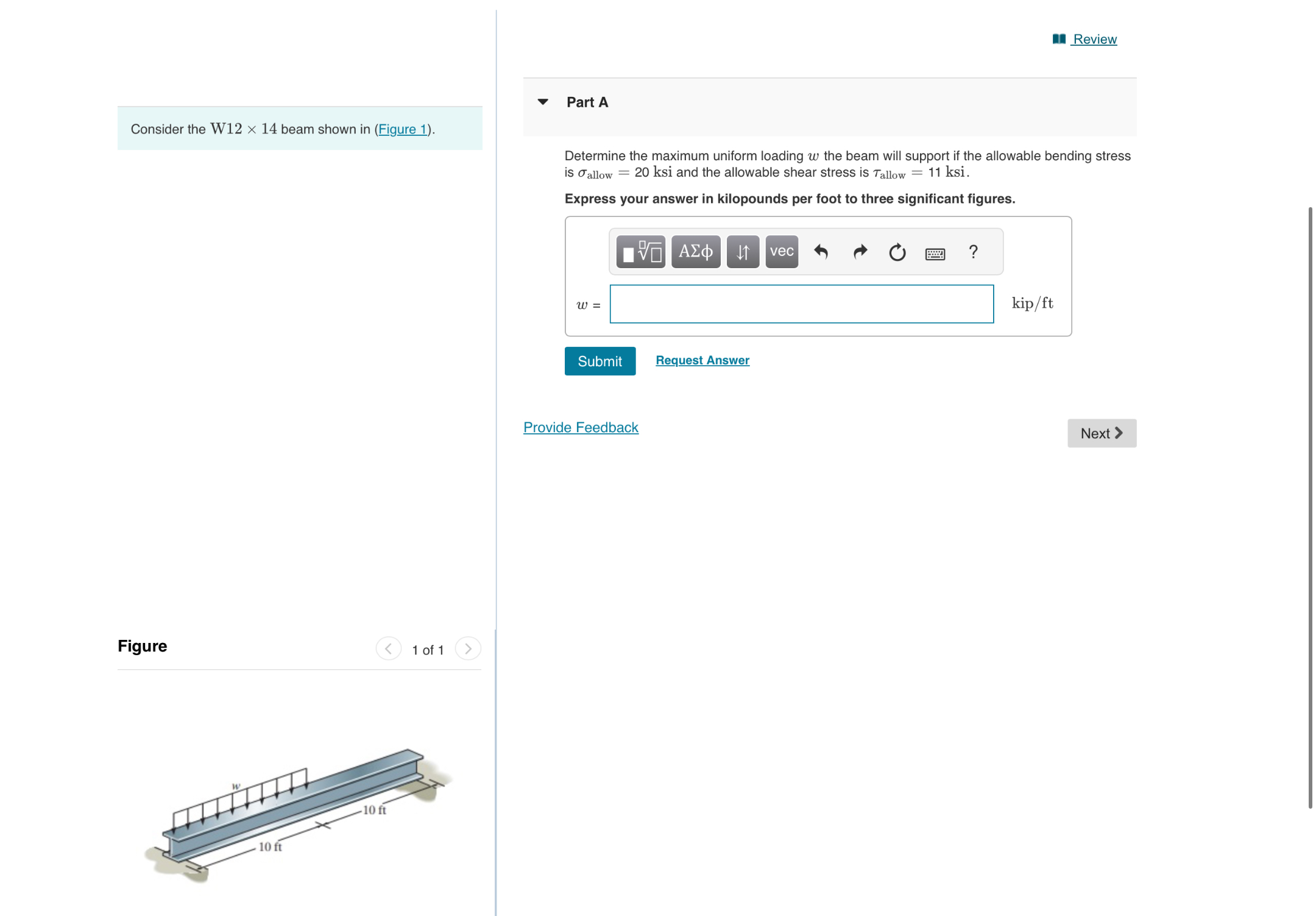 Solved ReviewConsider the W12 ×14 ﻿beam shown in (Figure | Chegg.com